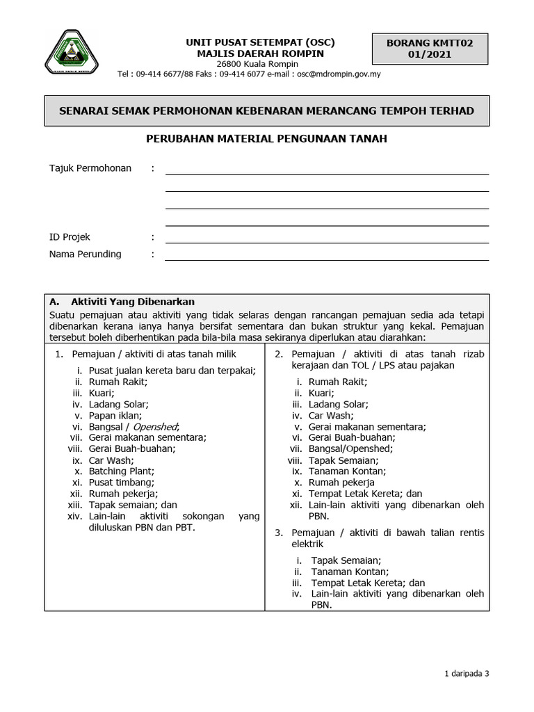 Senarai Semak Permohonan Kebenaran Merancang Tempoh Terhad kmtt02 ...