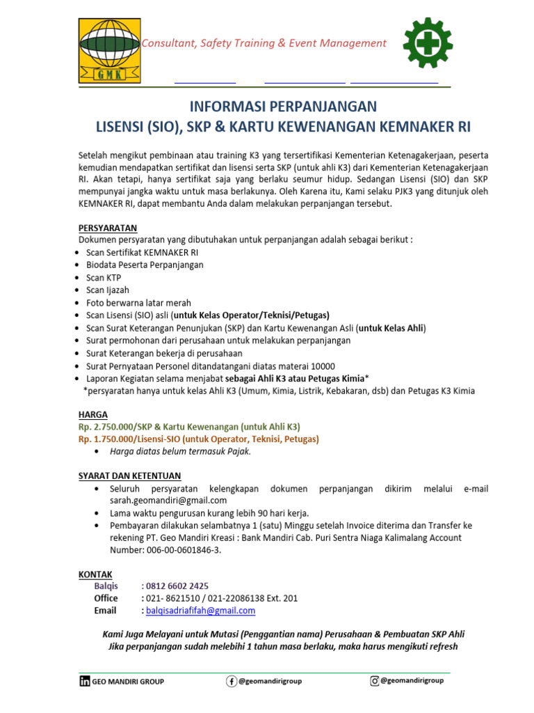 INFORMASI PERPANJANGAN LISENSI (SIO) - SKP AHLI K3 KEMENAKER RI | PDF