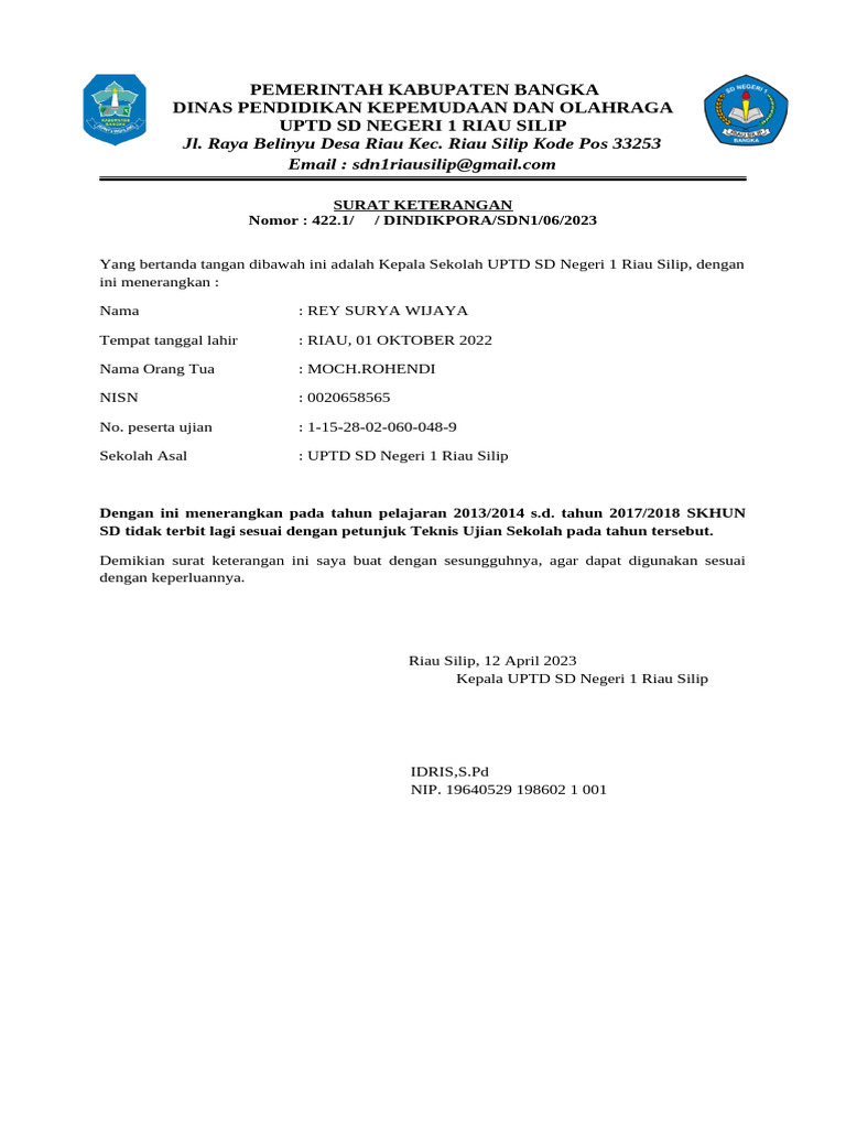 Surat Keterangan Tidak Ada SKHUN | PDF