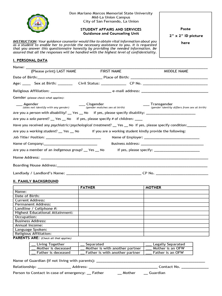 Student Information Questionnaire Form | PDF | Gender | Gender Studies