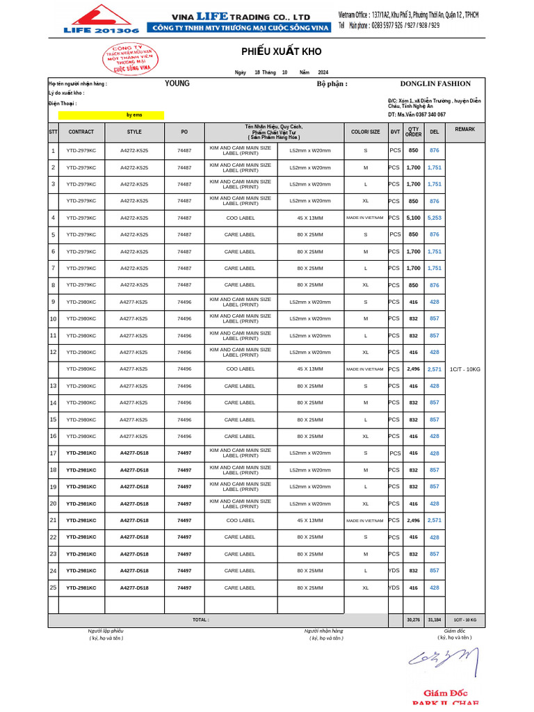 PXK DONGLIN VINH 2024.10.17 T Khai | PDF