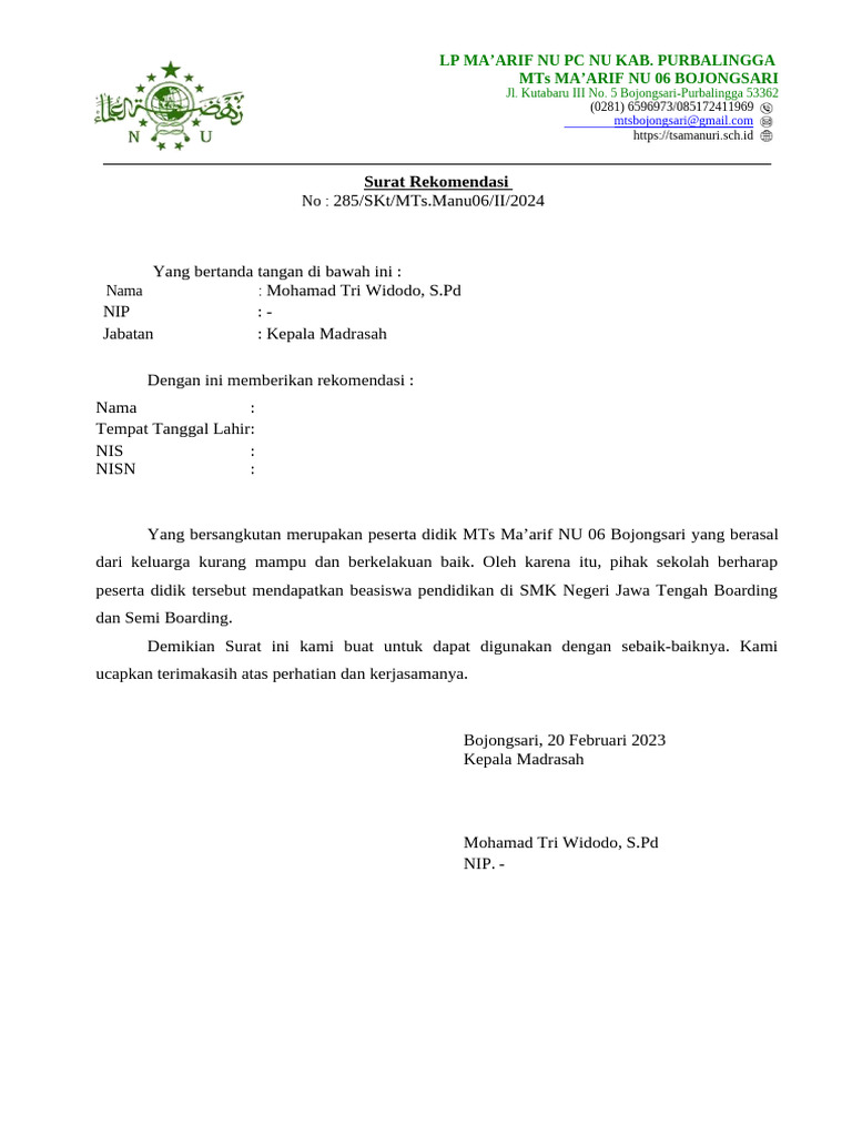 Form Surat Rekomendasi Siswa | PDF