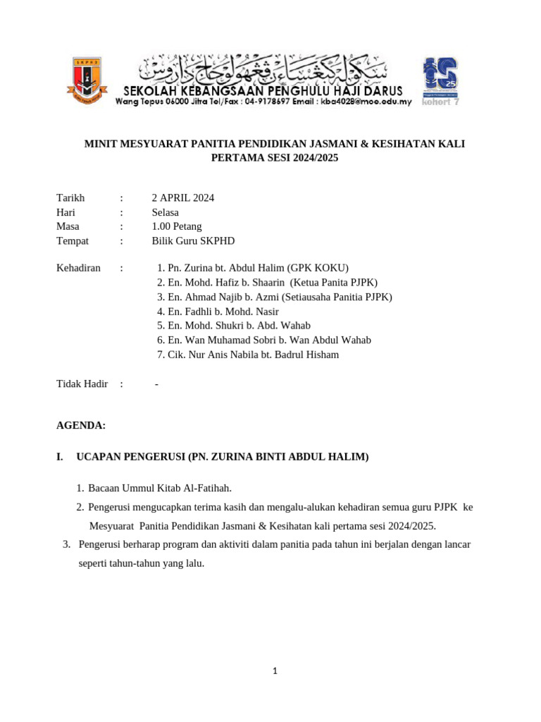 Minit Mesyuarat PJPK 1 20242025 | PDF