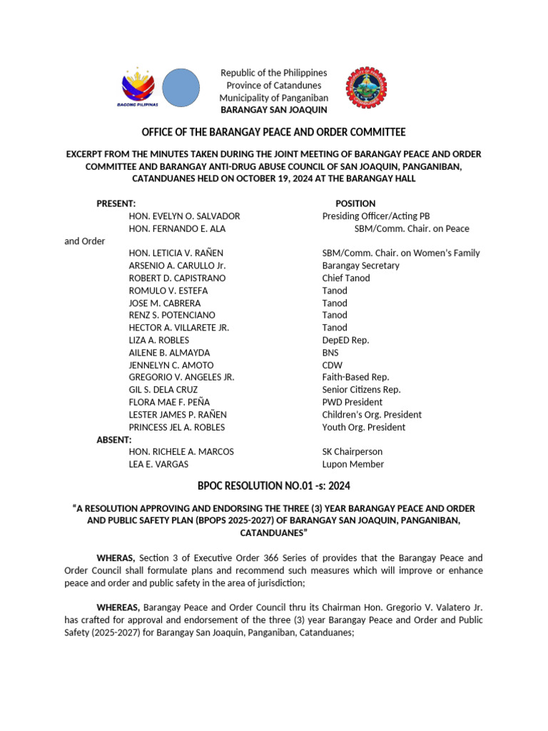 Bpoc Reso Approving Bpops Plan Cy 2025-2027 | PDF | Government