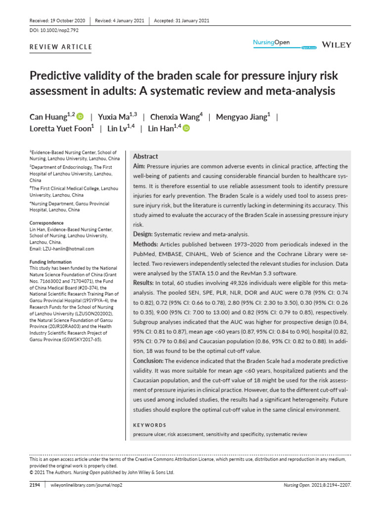 Braden Scale Validity for Pressure Injury Risk | PDF | Systematic ...