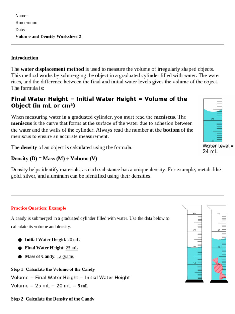 Volume and Density Worksheet 2 | PDF | Volume | Density