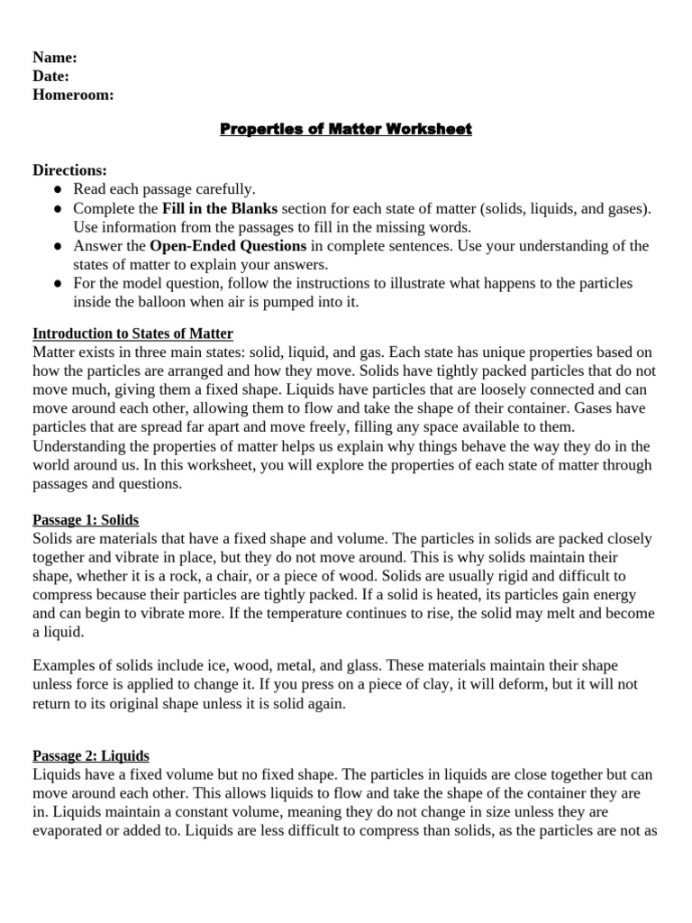 Properties of Matter Worksheet | PDF | Liquids | Gases