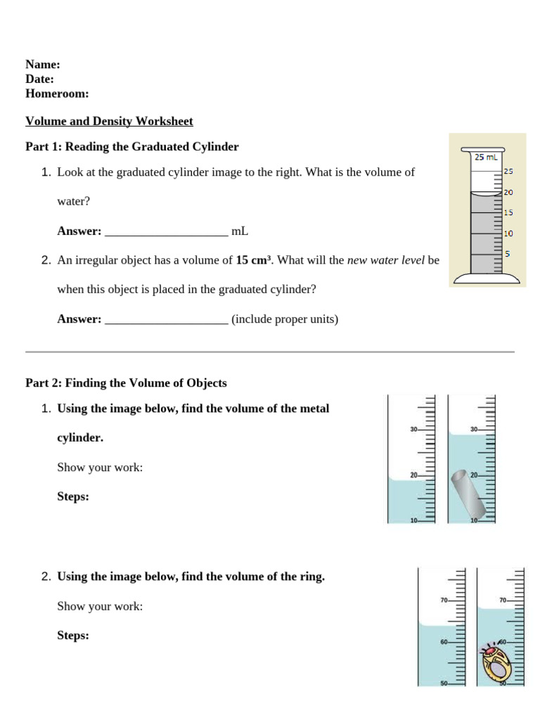 Volume and Density Worksheet | PDF