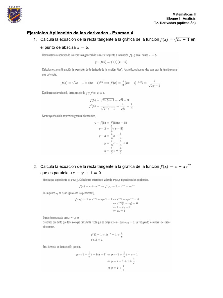Hoja Ejercicios_SOLUCIONES-Aplicación de las derivadas- Examen 4 - 2º Bach 24-25 | PDF ...