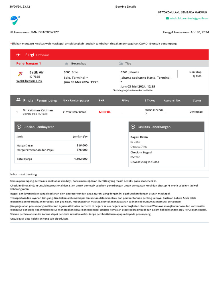 24.05.02 SOC-CGK Batik Air ID-7365 Katiman | PDF