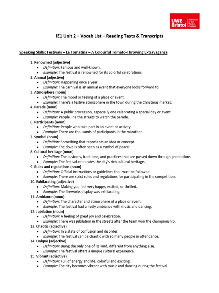 IE1 Unit 2 - Vocab List - Reading Texts & Transcripts | PDF | Noun | Festival