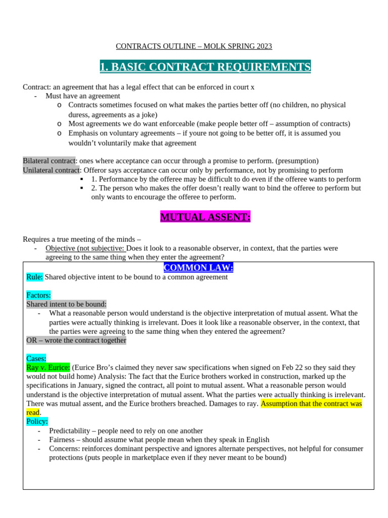 CONTRACTS OUTLINE | PDF | Parol Evidence Rule | Offer And Acceptance