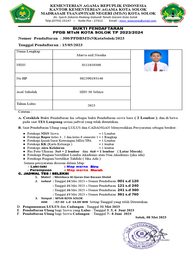 Bukti Pendaftaran PPDB 2022-300_PPDBMTsNKotaSolok_2023-Marva Ozil Nasuha | PDF