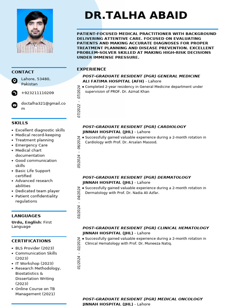 Zohanahmad234 CV 7110565136 DR - Talha Abaid CV | PDF | Internal Medicine | Medicine