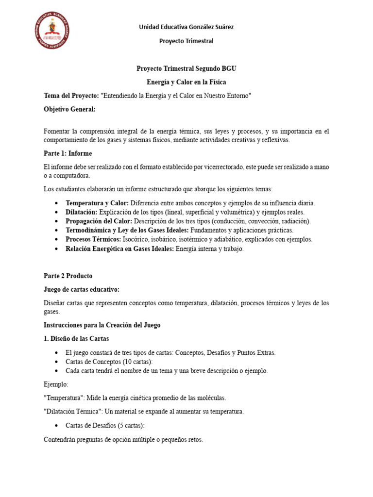 Proyecto Trimestral Segundo Bgu | PDF | Gases | Temperatura