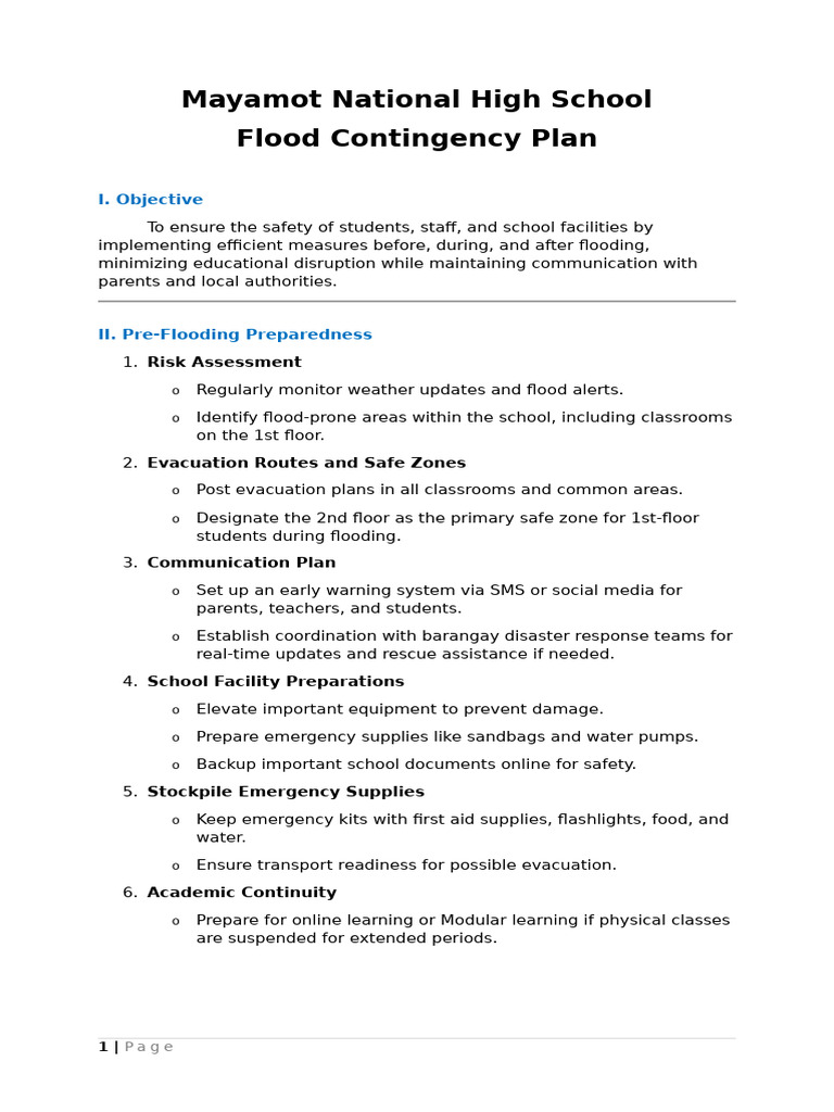 Contingency Plan For Flooding at Mayamot National High School | PDF ...