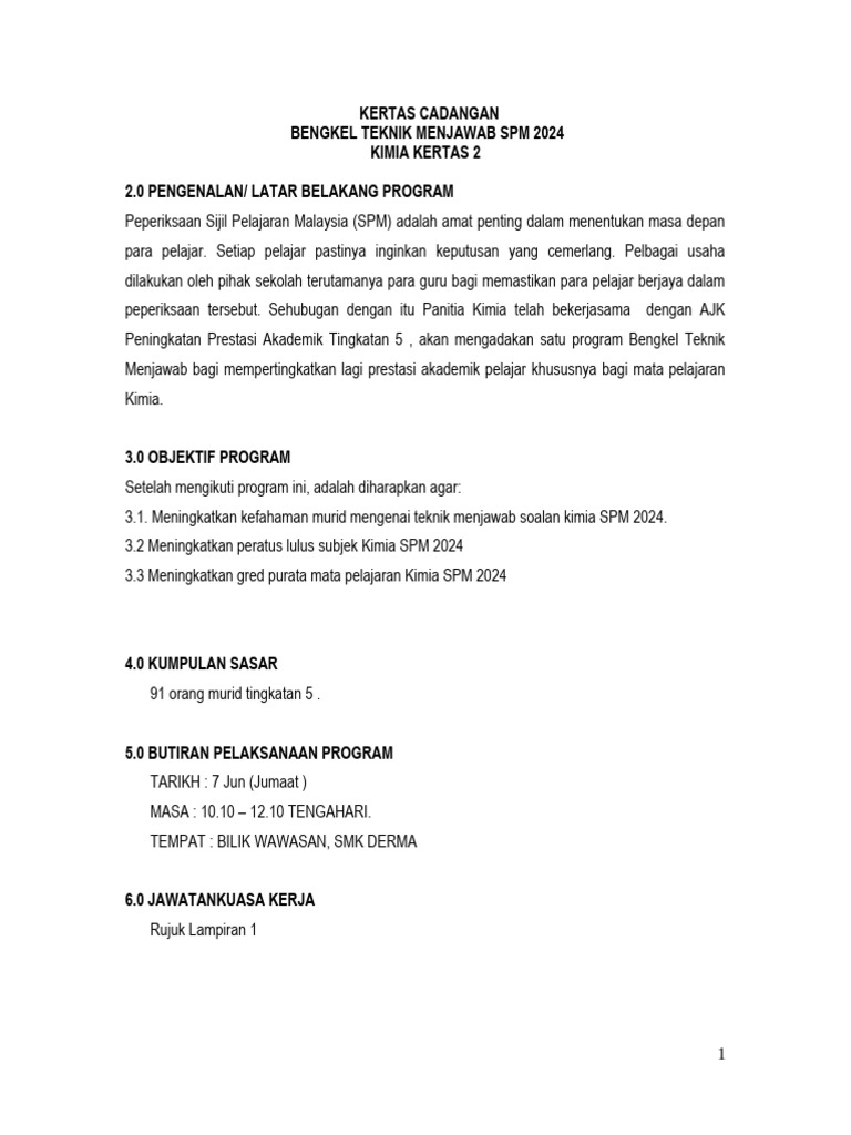 KERTAS KERJA Bengkel Teknik Menjawab Kimia 2024 | PDF