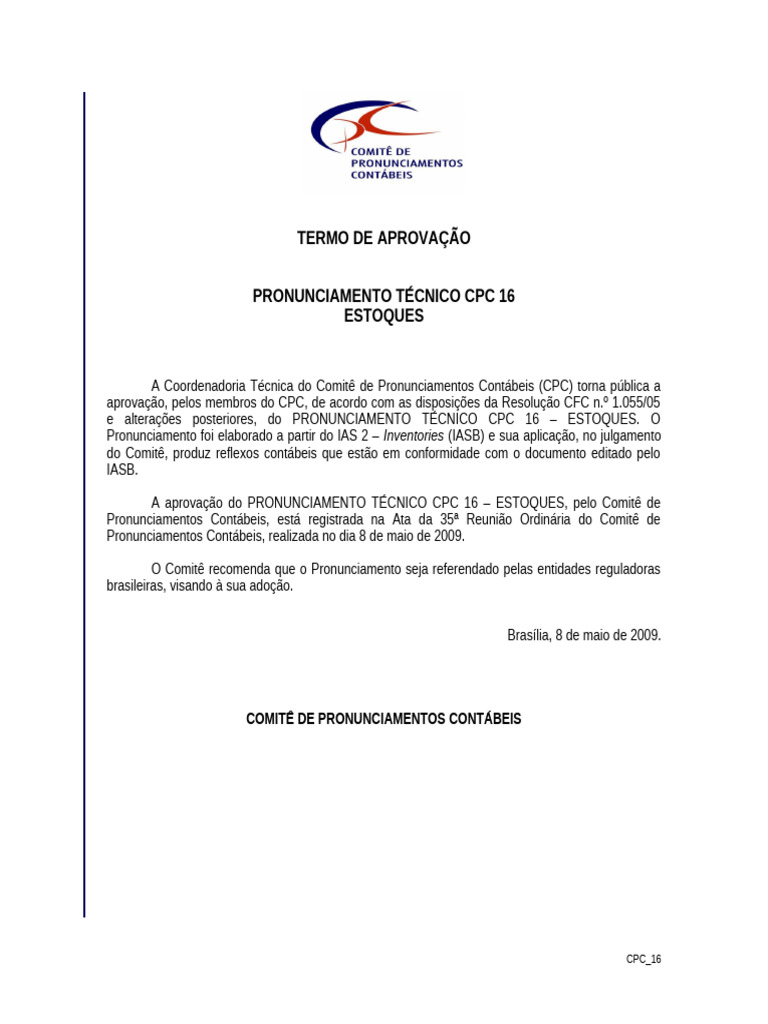 Aprovação do CPC 16 - Estoques | PDF