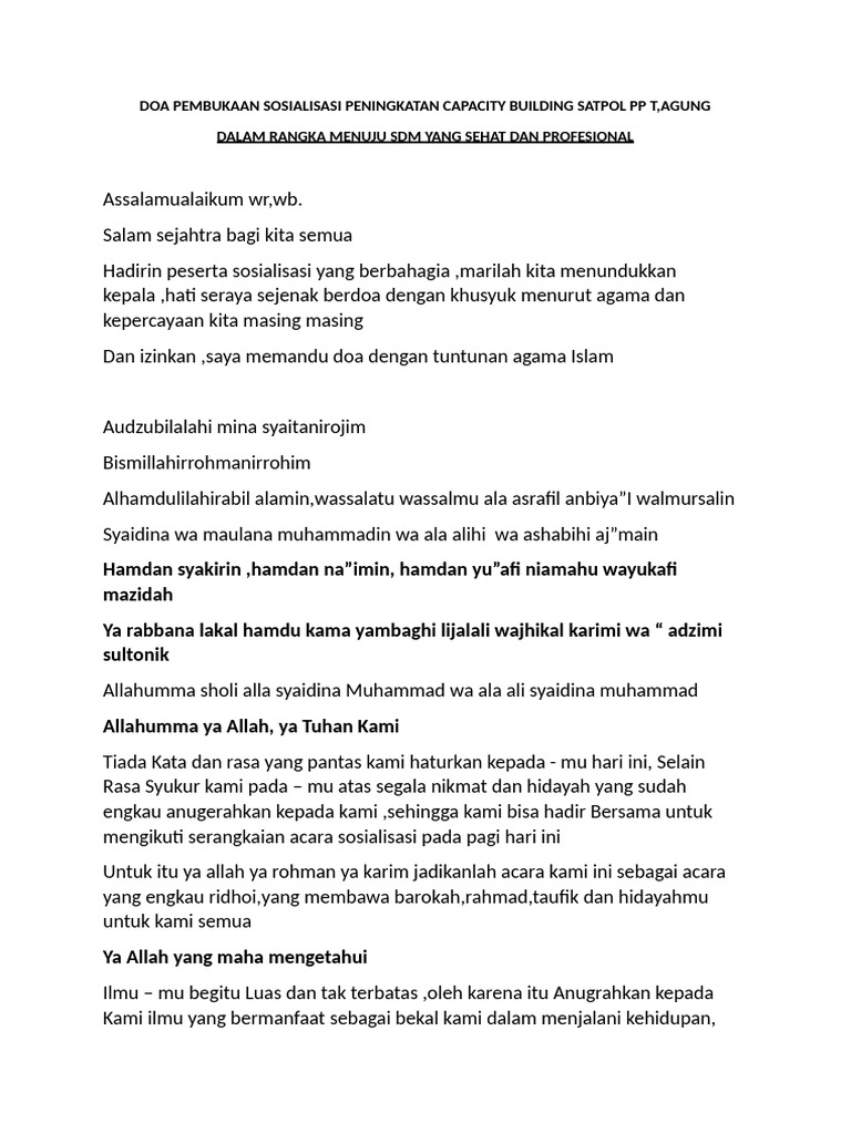 Doa Pembukaan Sosialisasi Peningkatan Capacity Building Satpol PP T | PDF