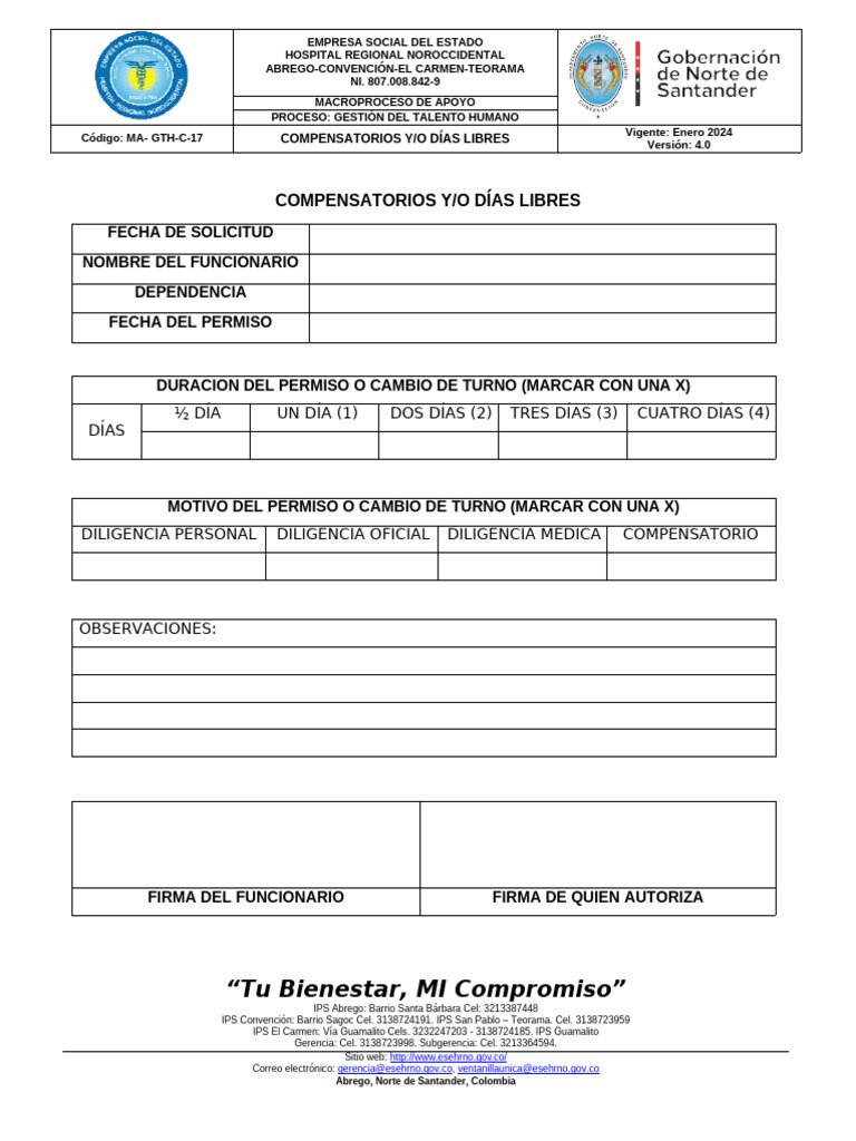 Formato de Permiso Compensatorio Yo Días Libres | PDF