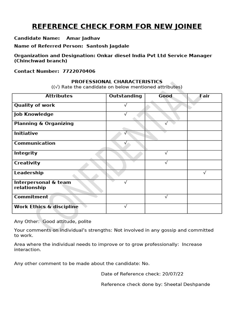 Employee Reference Check Amar Jadhav Previous Employer 1 | PDF