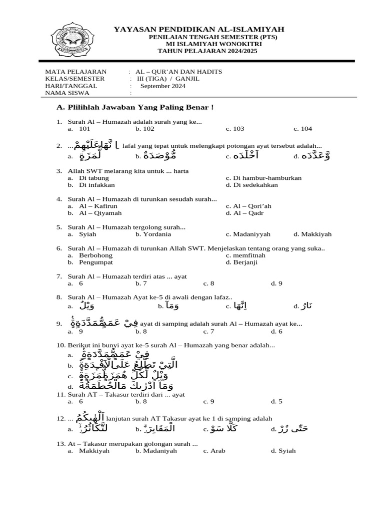 Contoh soal al quran hadis | PDF