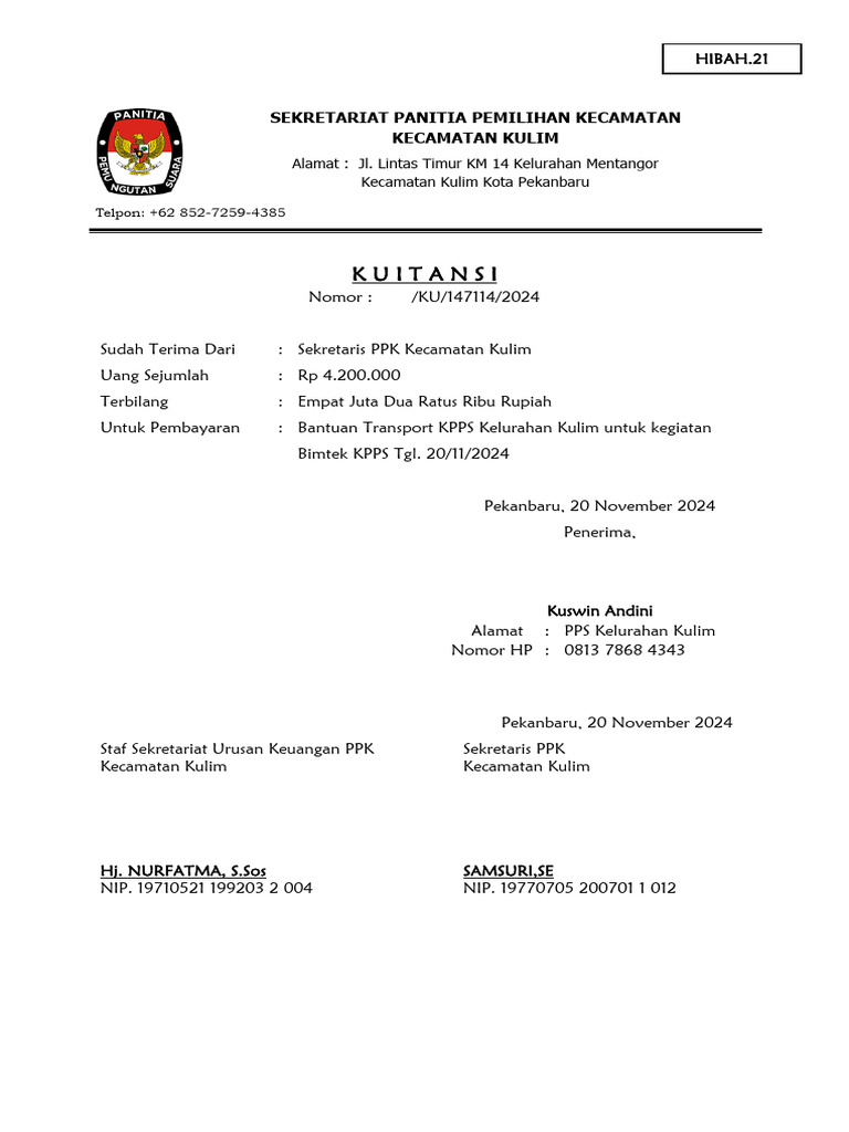 Kwitansi Transport Bimtek KPPS | PDF