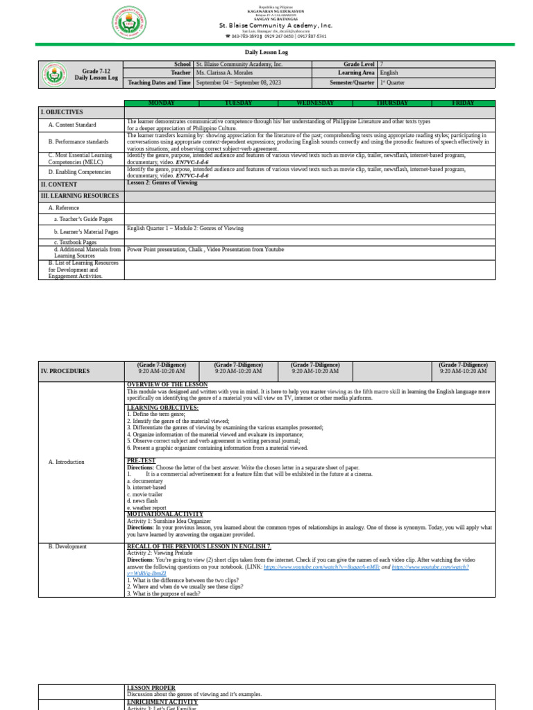 Grade 7 English Daily Lesson Log | PDF | Learning | Genre