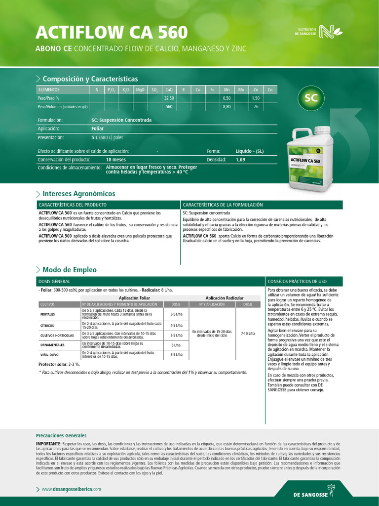 Actiflow CA 560: Abono de Calcio Eficaz | PDF | Agricultura | Calcio