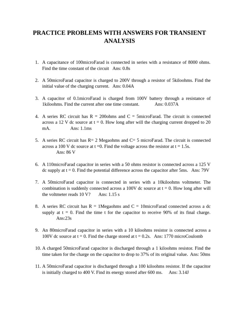 Practice Problems With Answers For Transient Analysis | PDF | Electrical Network | Inductor