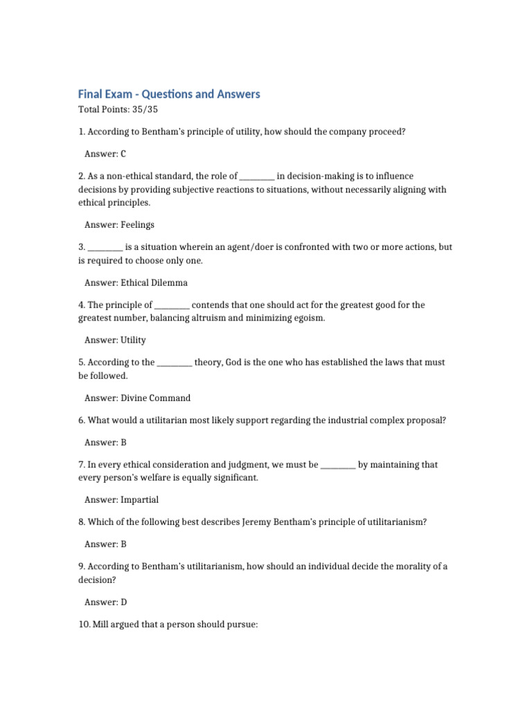 Final Exam Questions and Answers | PDF | Utilitarianism | John Stuart Mill
