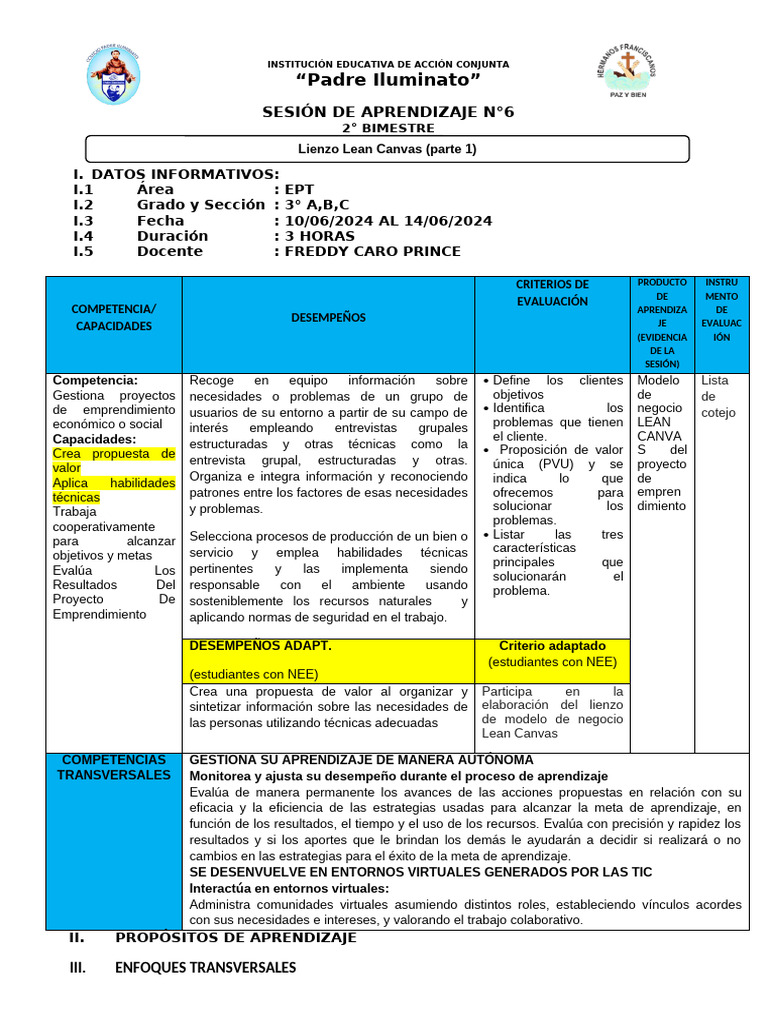 SESIONES DE EPT DE 3ro A, B, C LEAN CANVAS 1 Y 2 | PDF | Aprendizaje | Business
