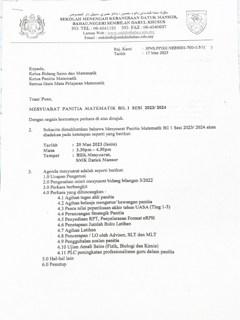 Surat Panggilan Mesy Panitia Matematik Bil 1 - 2023 | PDF