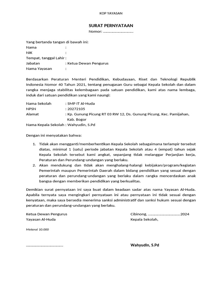 Surat Pernyataan Yayasan | PDF