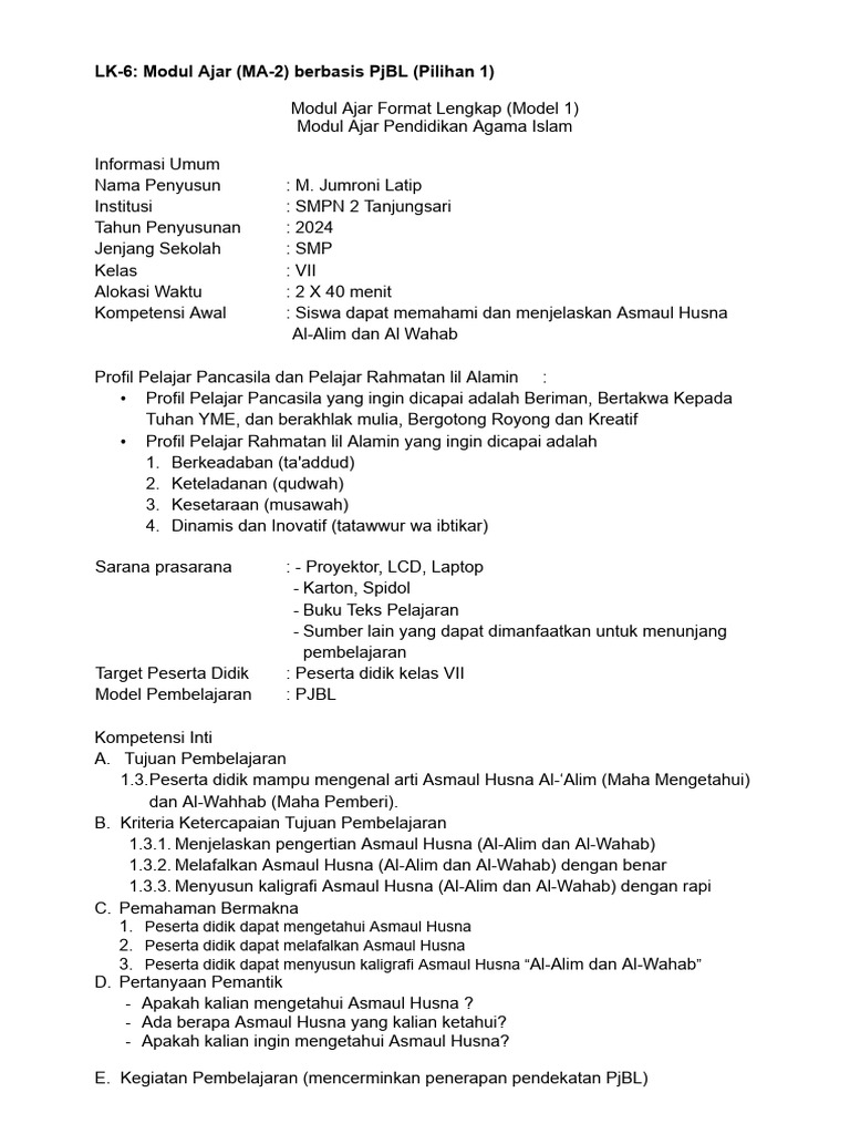 LK-6_ Modul Ajar (MA-2) Berbasis PjBL M. Jumroni Latip (1) | PDF