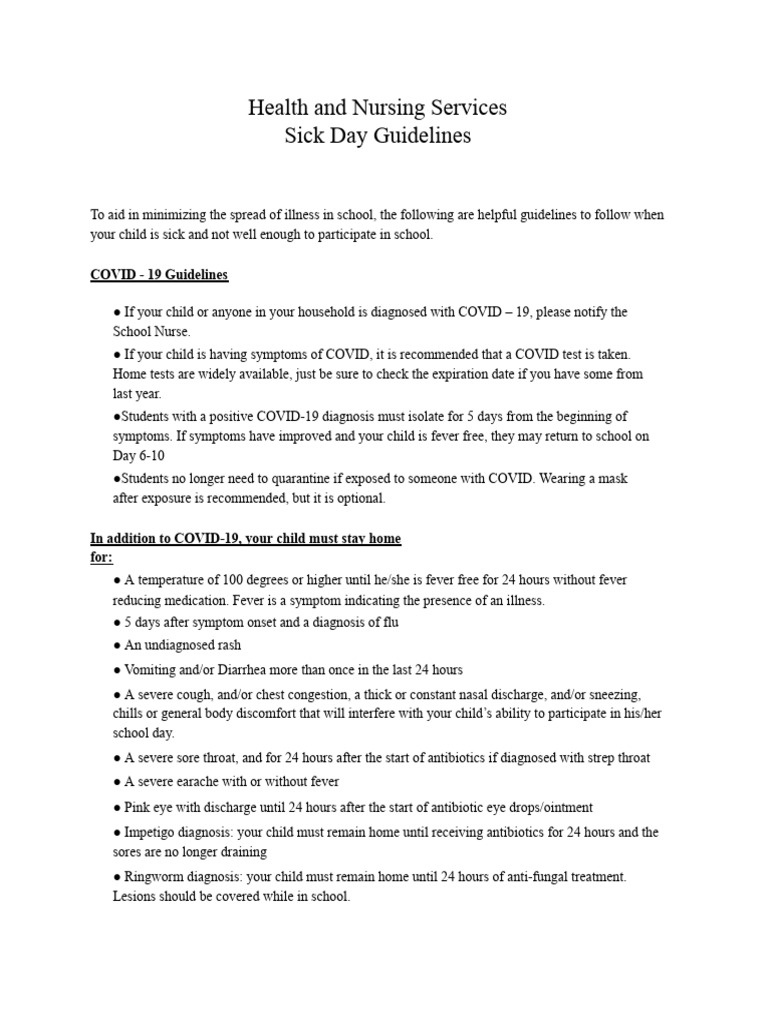 Sick Day Guidelines for Parents IHS (1) (1) | PDF | Microbiology ...