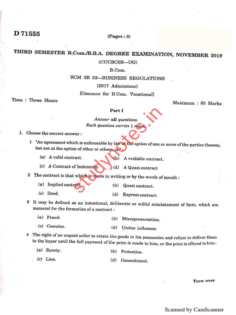 Bcom III Sem Business Regulations 2019 | PDF