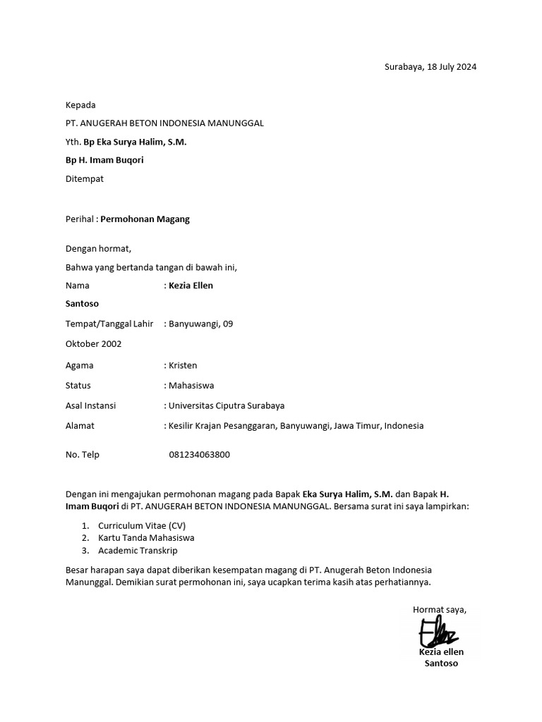 Surat Lamaran Magang Kezia Ellen Santoso | PDF