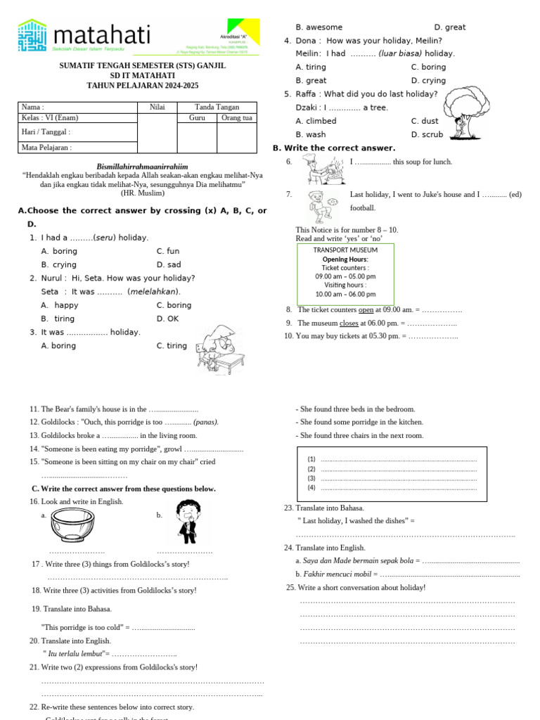 Soal Sts Bahasa Inggris Kelas 6 | PDF