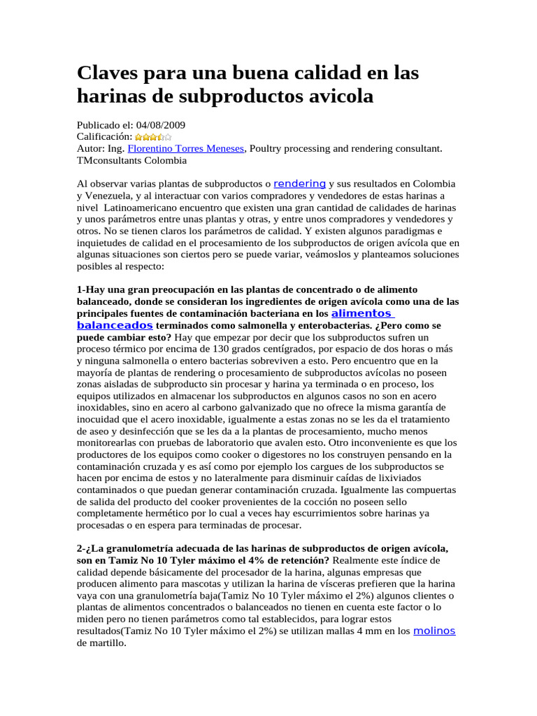 Claves para una buena calidad en las harinas de subproductos avicola ... Claves para una buena calidad en las harinas de subproductos avicola ...