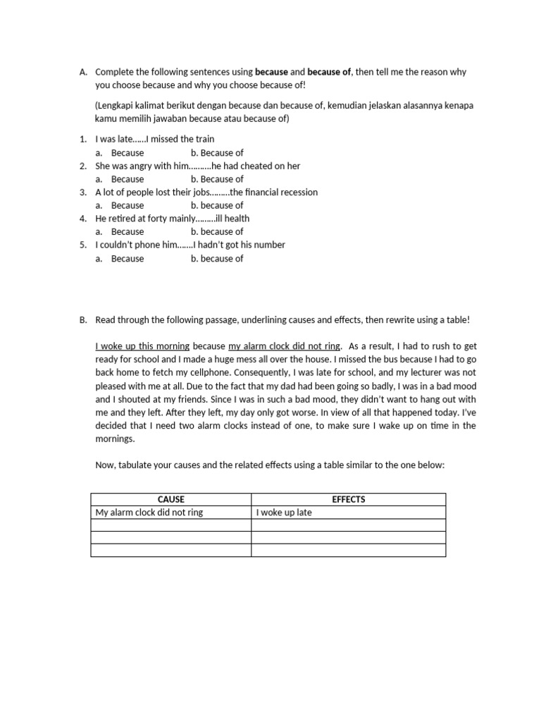 Using Because vs. Because Of: Exercises | PDF