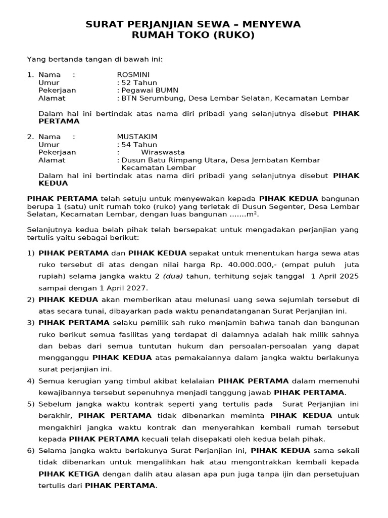 Perjanjian Sewa Ruko Lembar 2025-2027 | PDF