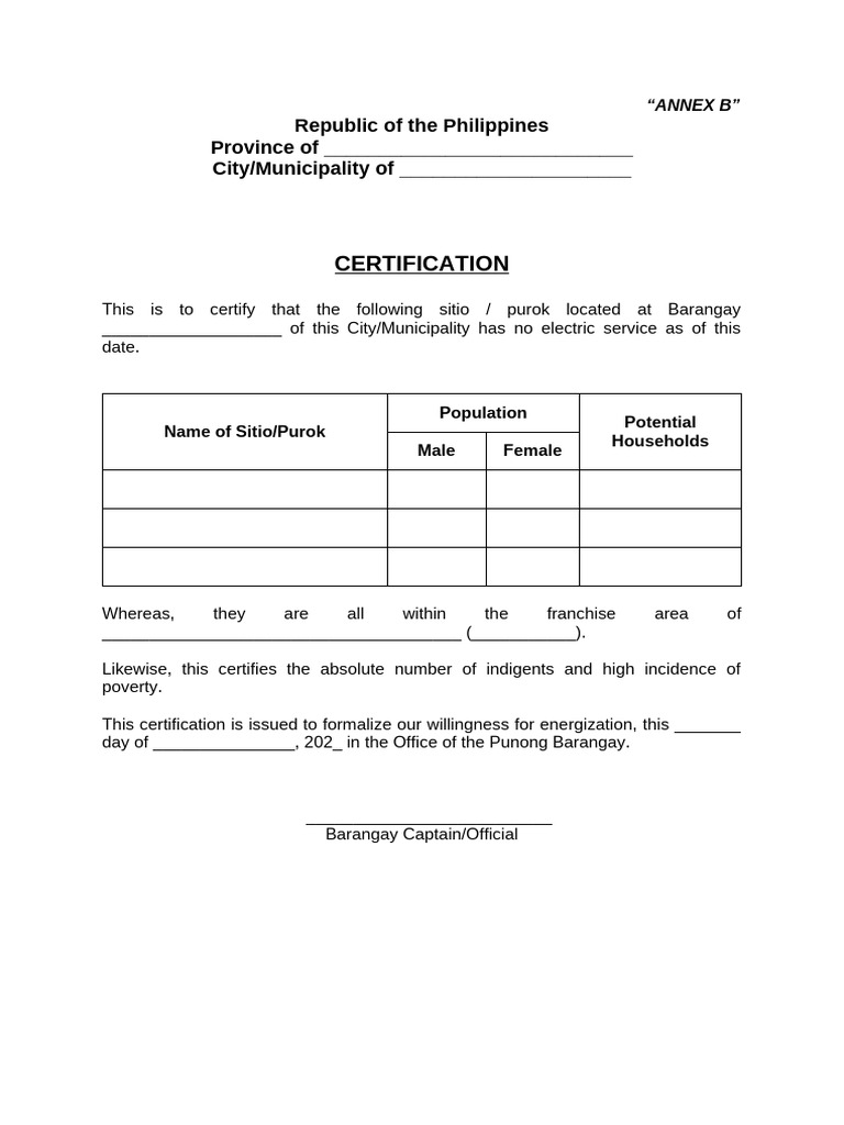 01 Template of Barangay Certification | PDF