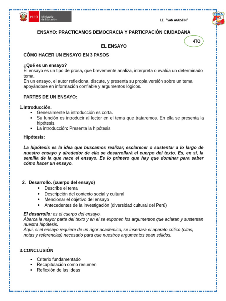 Ensayo Practicamos Democracia y Particpación Ciudadana 4to D y C ...