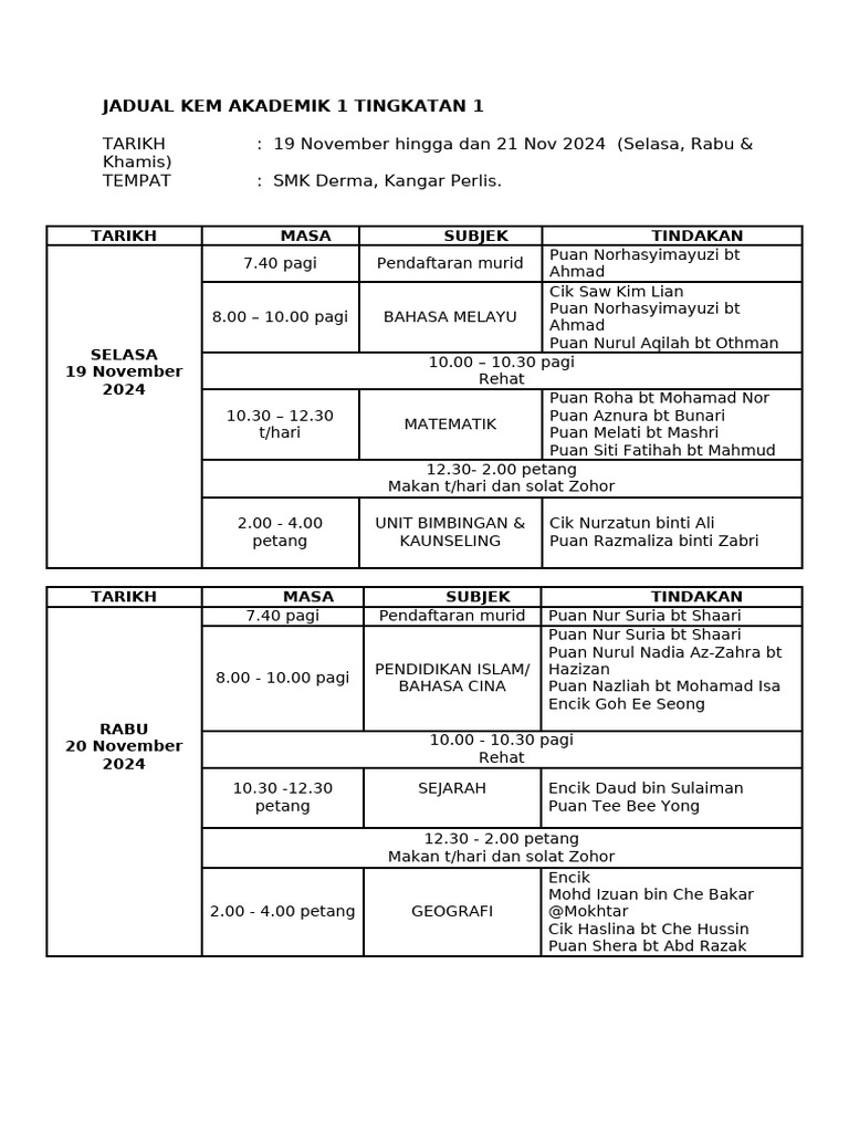 JADUAL KEM AKADEMIK 1 TINGKATAN 1 | PDF
