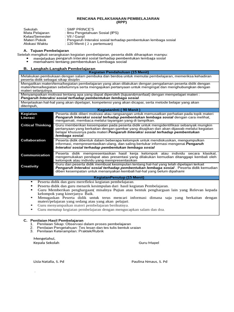 8 RPP 1 Lembar IPS Kls 7 Semester 1 | PDF