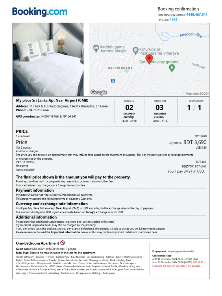 Booking.com_ Confirmation srilanka | PDF | Payments | Fee