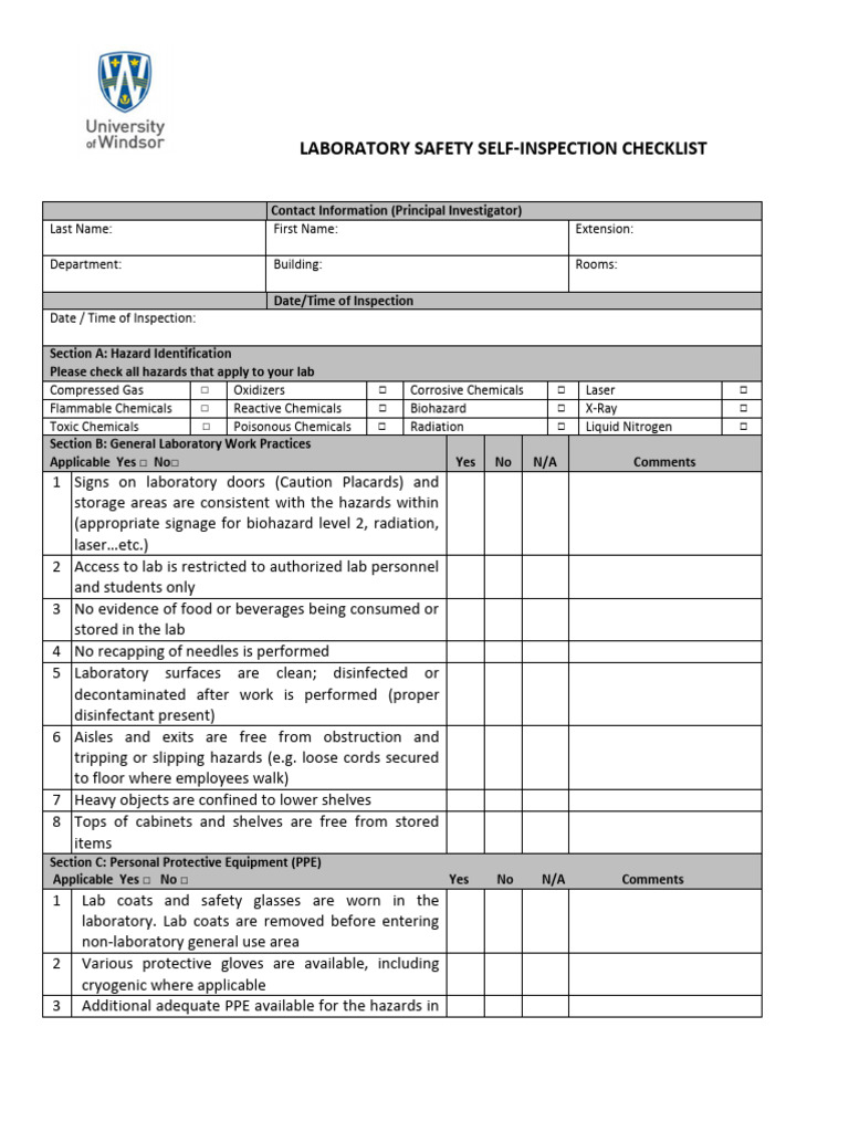 Laboratory Safety Self Inspection Checklist 2014 | PDF | Laboratories ...