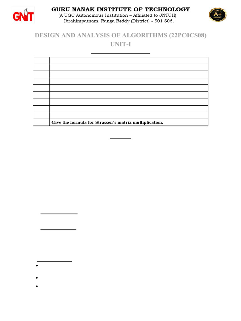 Daa r22 Unit-1 QB Answers Key | PDF | Time Complexity | Algorithms