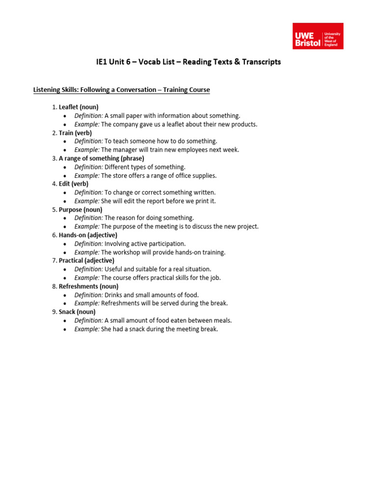 IE1 Unit 6 – Vocab List – Reading Texts & Transcripts | PDF | Verb | Adjective